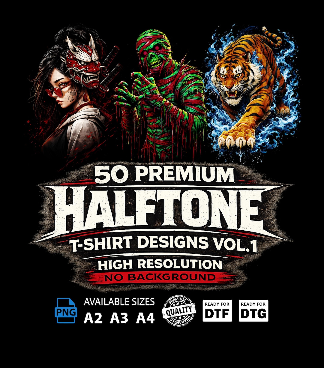50 Halftone T-shirt Designs Vol. 1, High-resolution Pngs (A2, A3, A4 ...