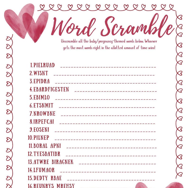 Word Scramble Baby Shower Game- Valentine's Theme - Etsy