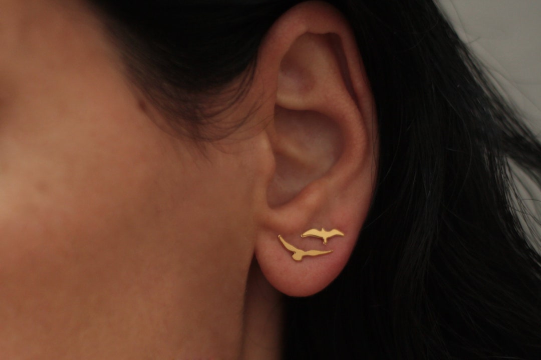 Gold Birds Studs, Birds in Flight Earrings, Asymmetrical Birds Earrings ...