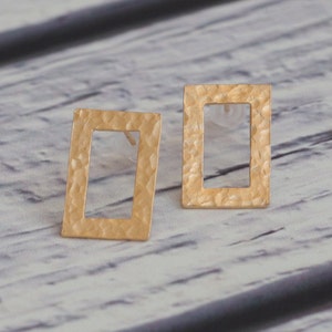 Gold Hollow Rectangle Earrings, Rectangle Studs, Hammered Earrings ...