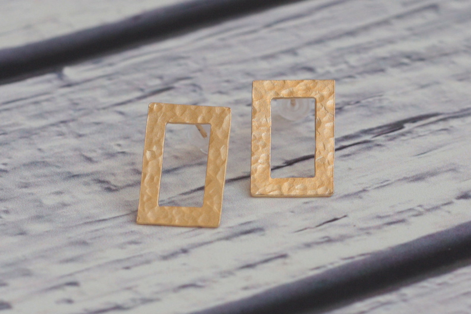 Gold Hollow Rectangle Earrings Rectangle Studs Hammered - Etsy