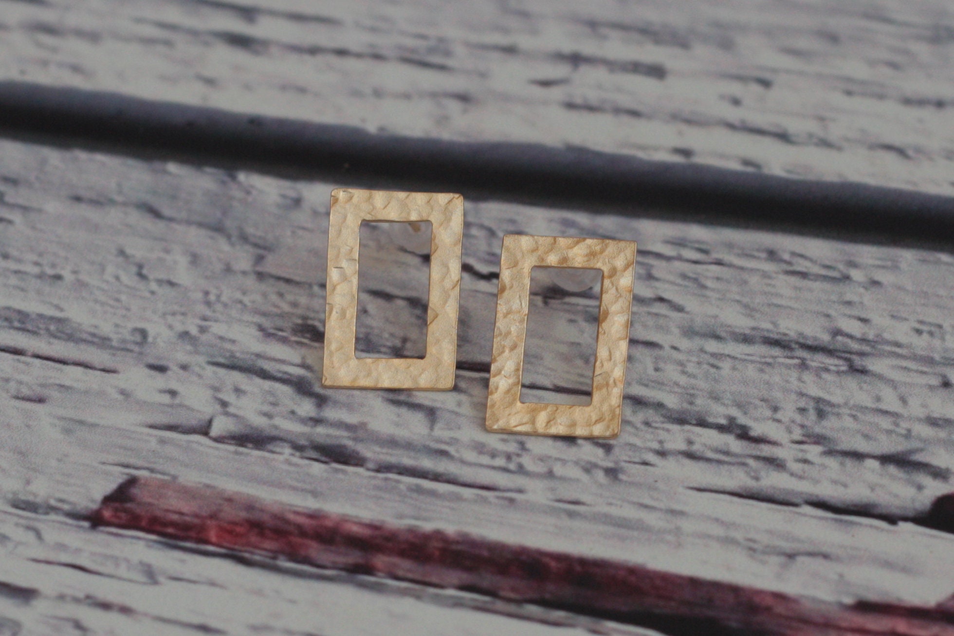 Gold Hollow Rectangle Earrings Rectangle Studs Hammered - Etsy