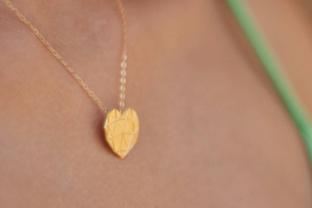 Gold Origami Heart Necklace, Origami Heart Pendant, Origami Heart ...