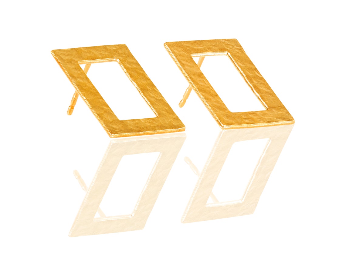 Gold Hollow Rectangle Earrings Rectangle Studs Hammered - Etsy