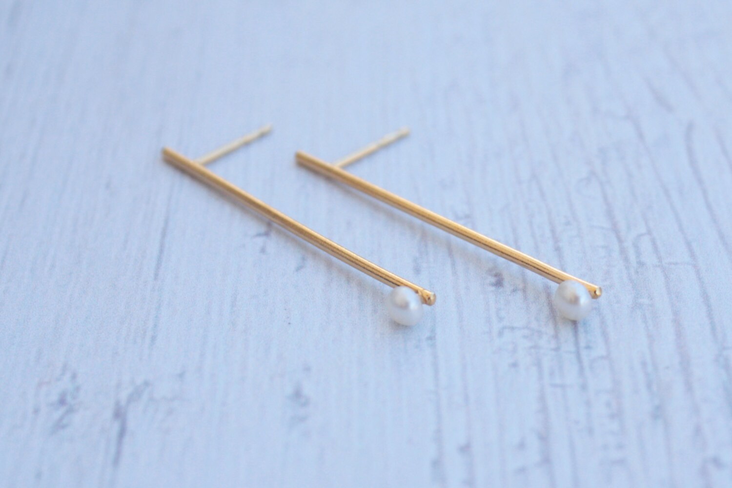 Long Bridal Earrings, Bridesmaids Bar Earrings, Gold Bar With Pearl ...