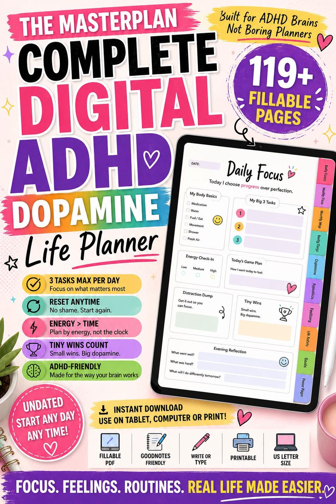 ADHD Planner, Dopamine Life Planner, Digital ADHD Planner, Fillable PDF ...