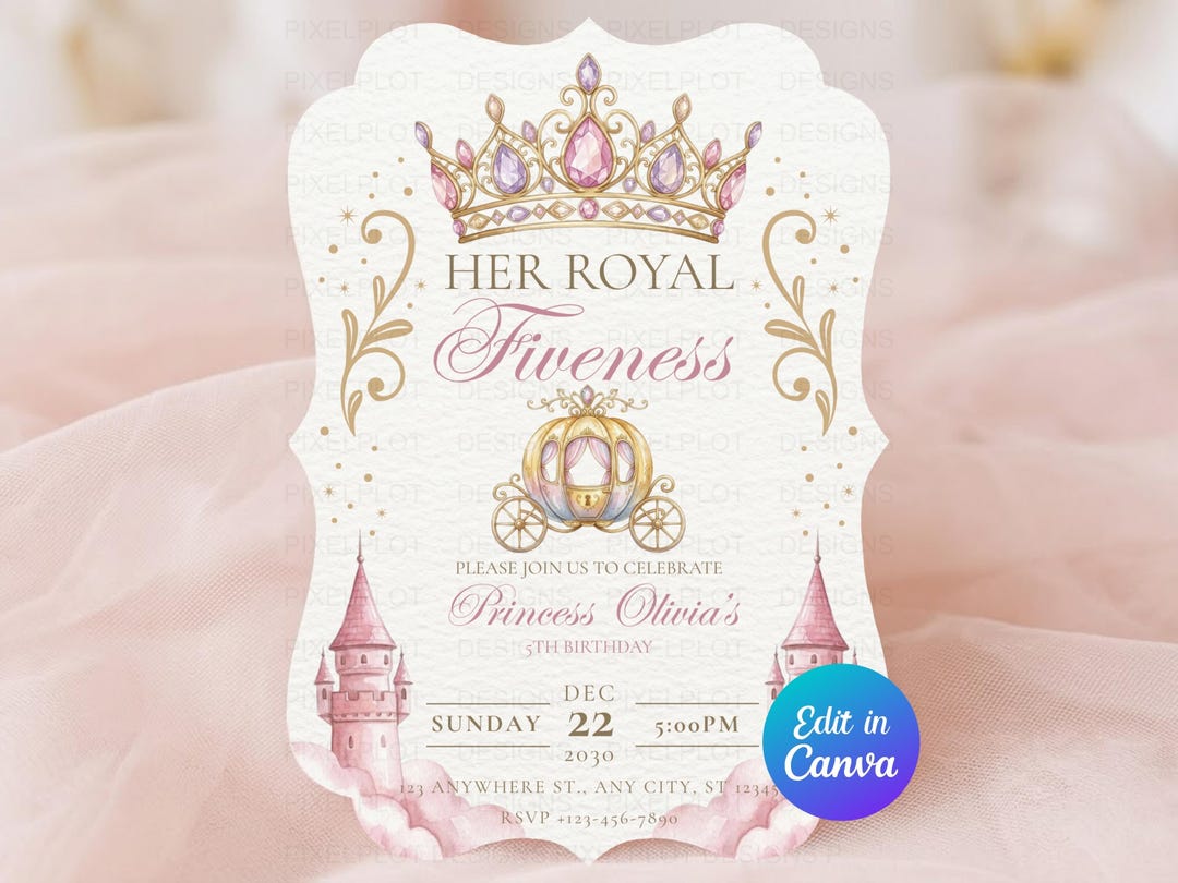 Her Royal Fiveness Princess Invitation, 5th Birthday Girl Invite, Pink ...