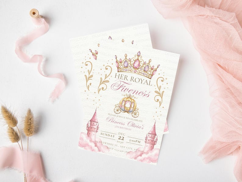 Her Royal Fiveness Princess Invitation, 5th Birthday Girl Invite, Pink ...