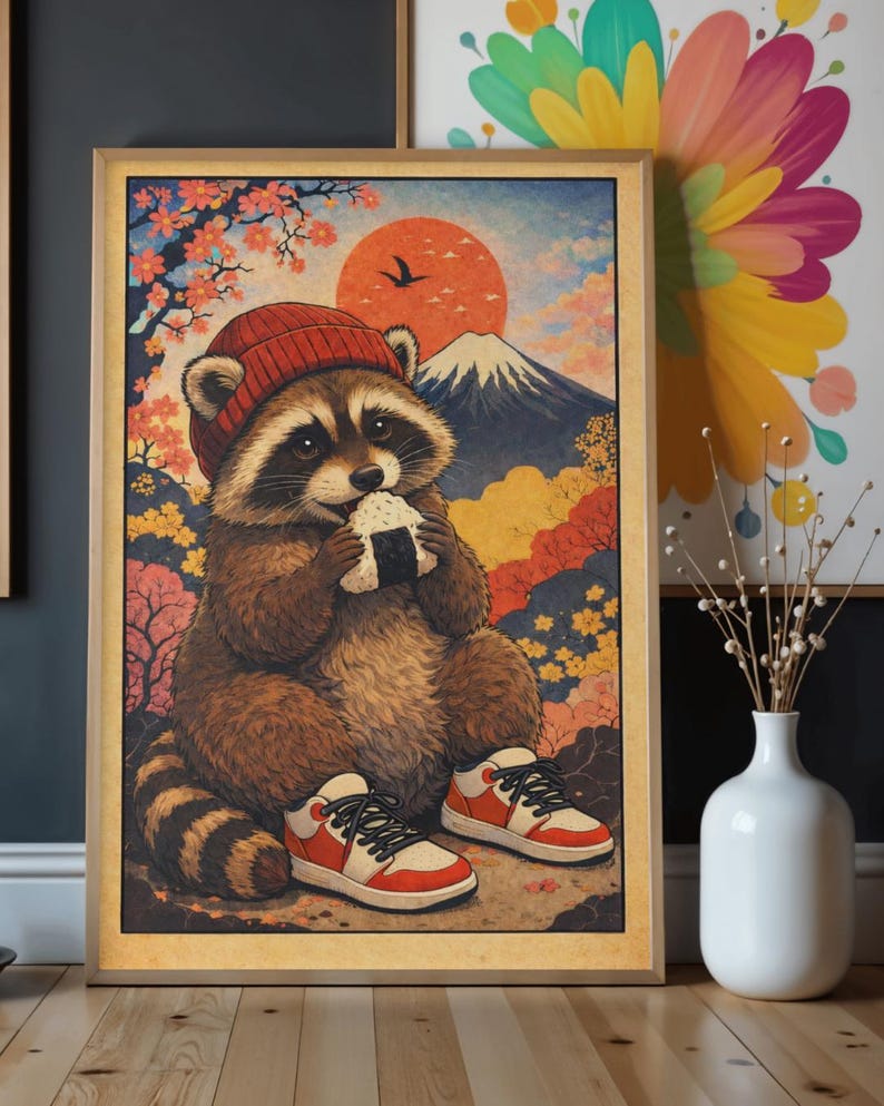 Japanese Raccoon Ukiyo-e Art Print, Mount Fuji, Onigiri (digital ...