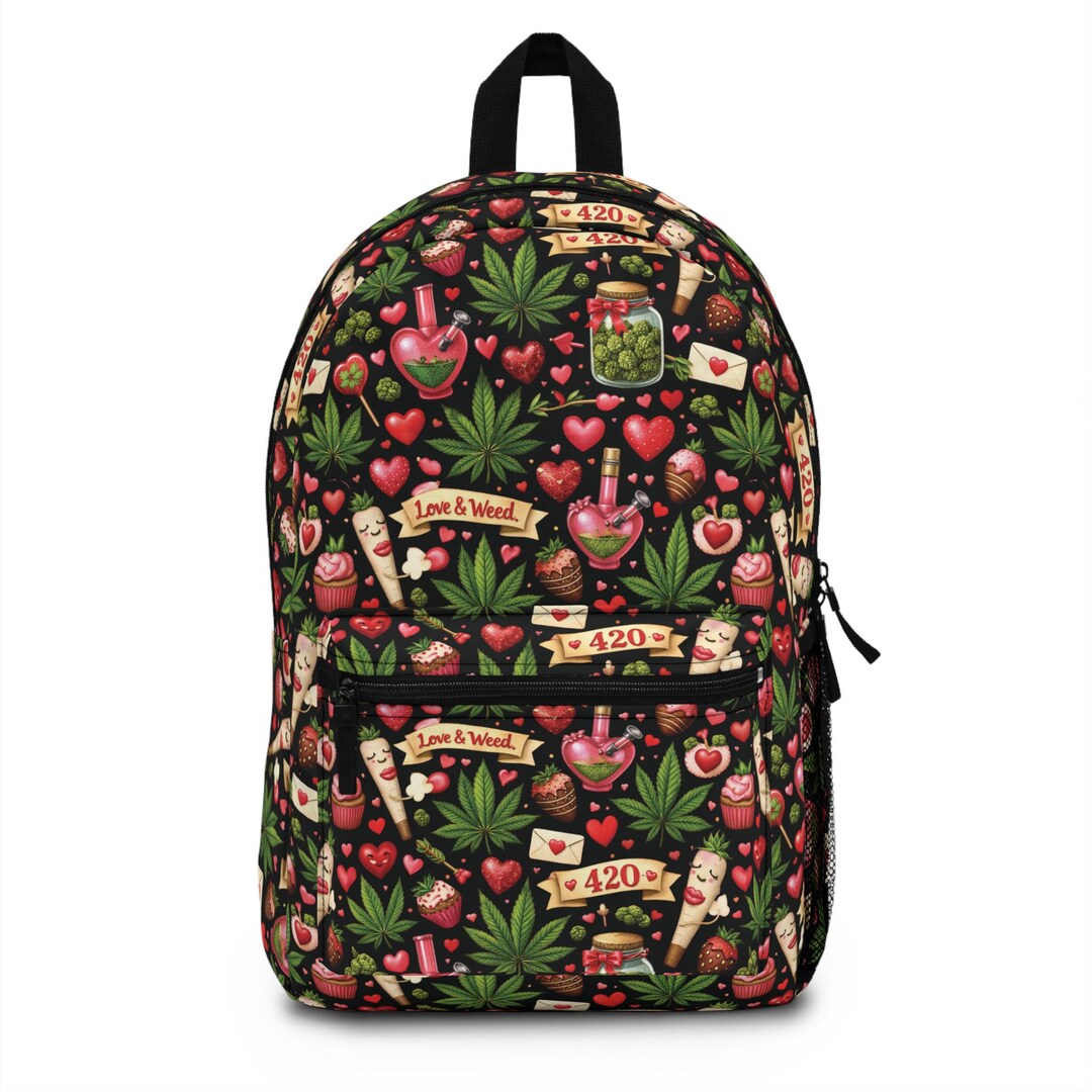 420 Love Weed Pattern Backpack | Cannabis Hearts, Jars, Rolling Papers ...