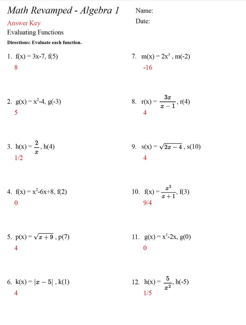 Evaluating Functions Worksheet Bundle - Etsy