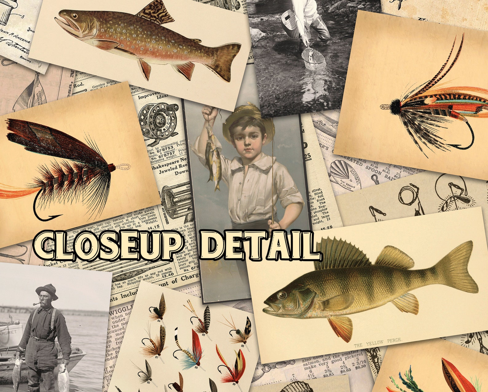 Vintage Fishing Digital Paper / Scrapbook Wallpapers / Fishing Ephemera ...