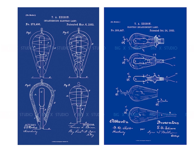 Thomas Edison Light Bulb Patent Blueprint Drawing Images / Digital ...