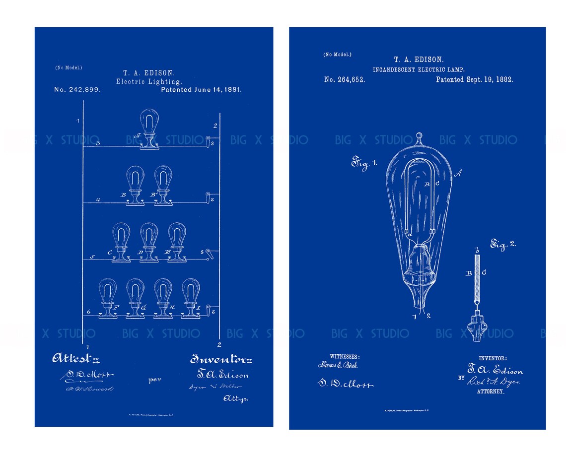 Thomas Edison Light Bulb Patent Blueprint Drawing Images / Digital ...