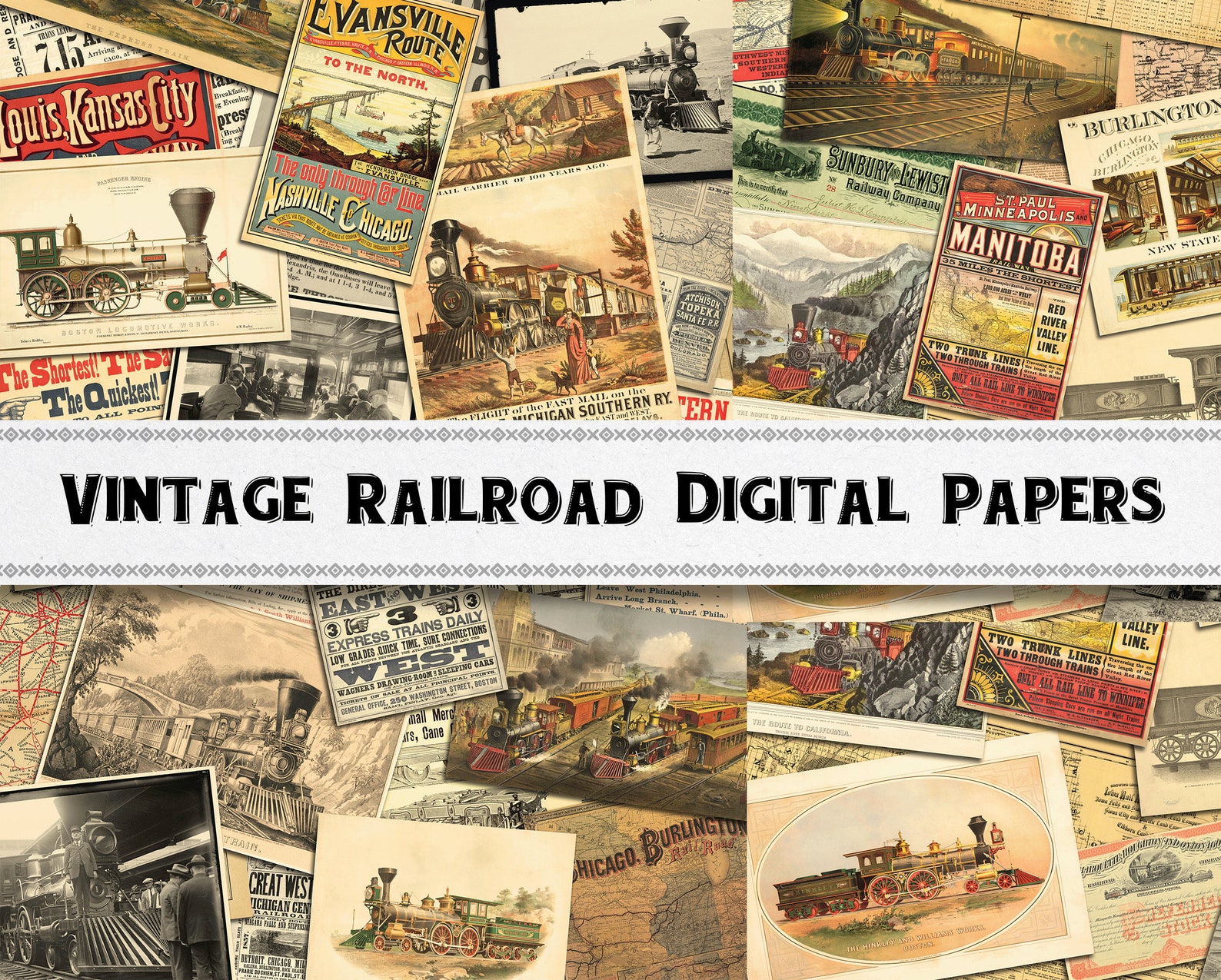 Vintage Railroad Train Digital Papers / Scrapbook Wallpapers / - Etsy