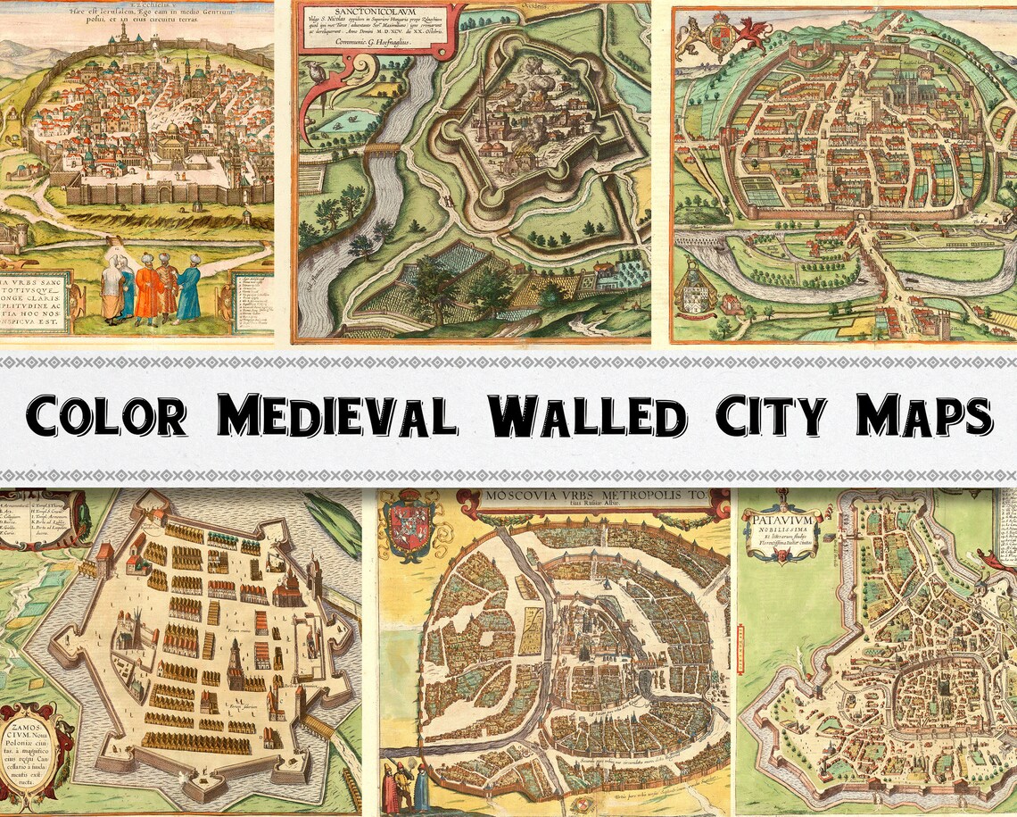 Color Medieval Walled City Map Images / Medieval Renaissance | Etsy