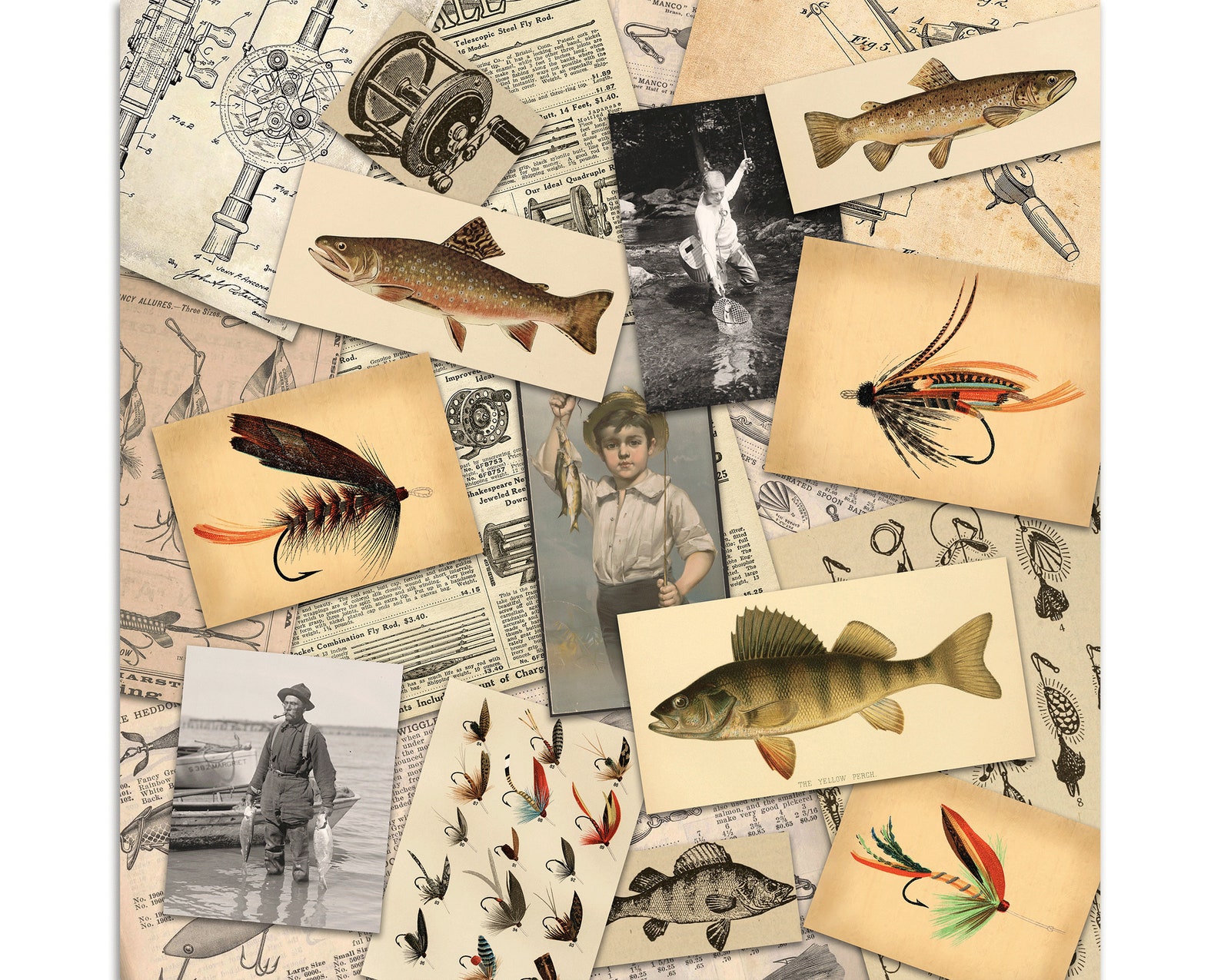 Vintage Fishing Digital Paper / Scrapbook Wallpapers / Fishing Ephemera ...