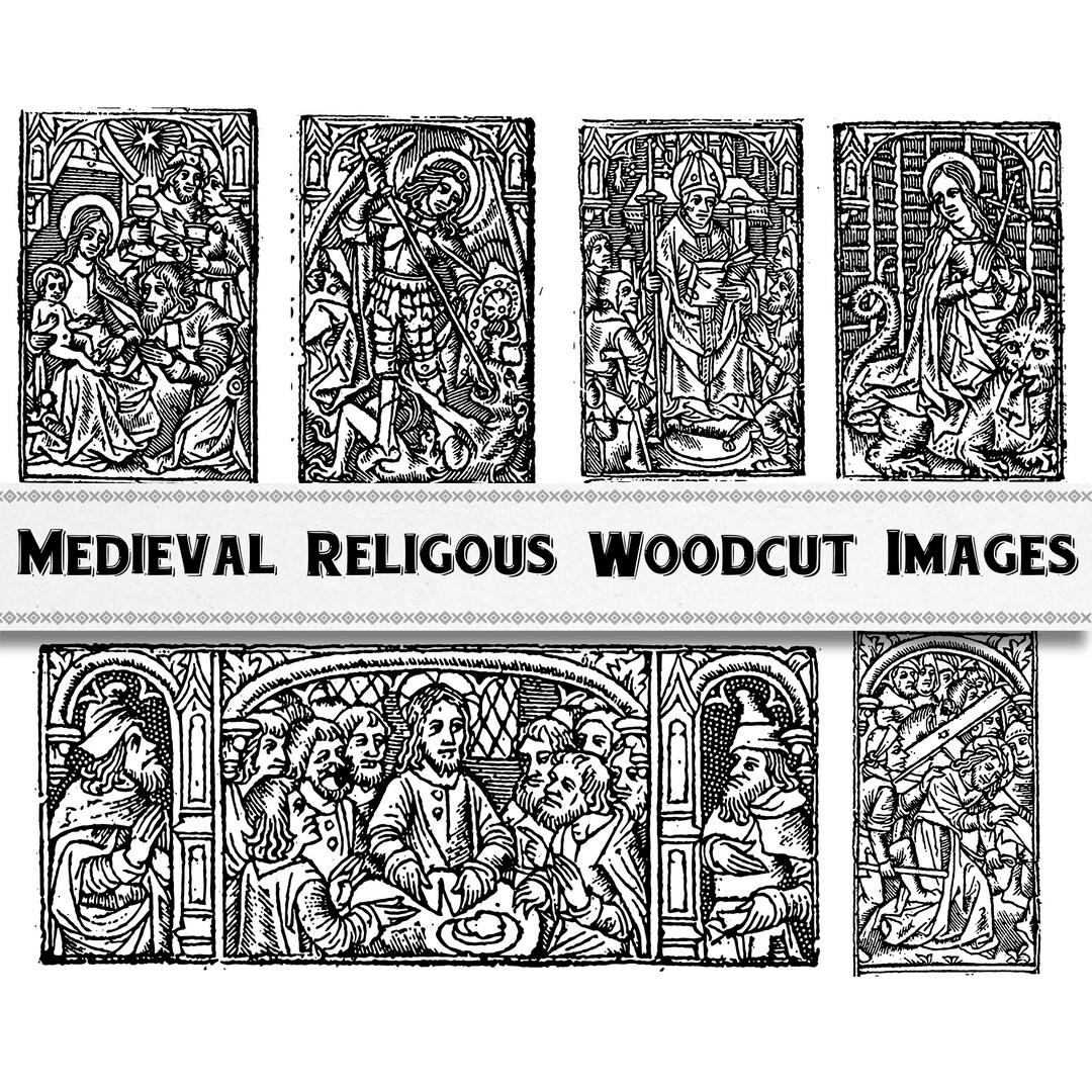 Medieval Illuminated Manuscript, Bible Scenes, Woodcut Ornaments ...