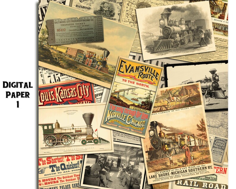 Vintage Railroad Train Digital Papers / Scrapbook Wallpapers / Train ...