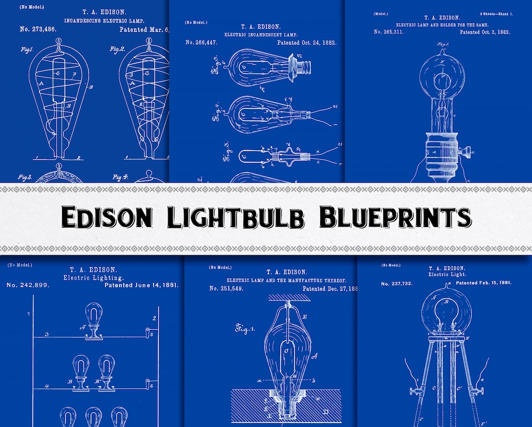 Thomas Edison Light Bulb Patent Blueprint Drawing Images / - Etsy