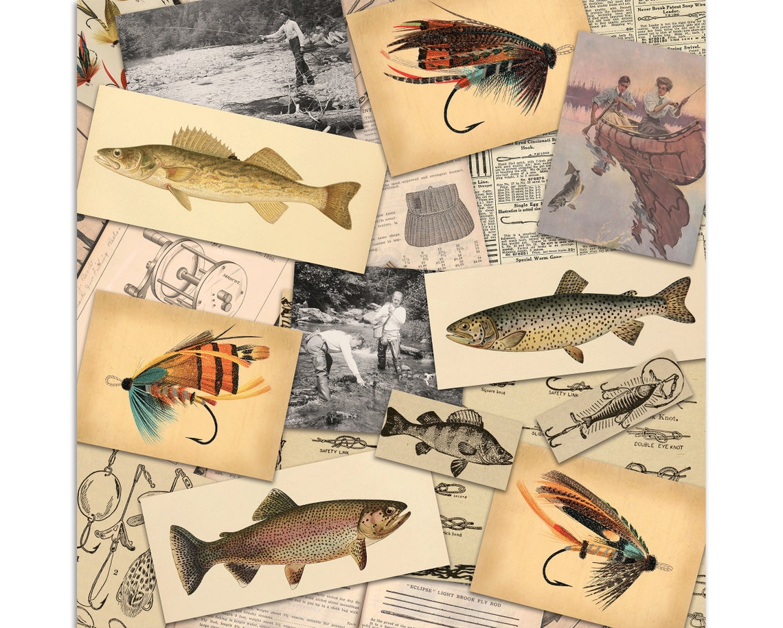 Vintage Fishing Digital Paper / Scrapbook Wallpapers / Fishing Ephemera ...