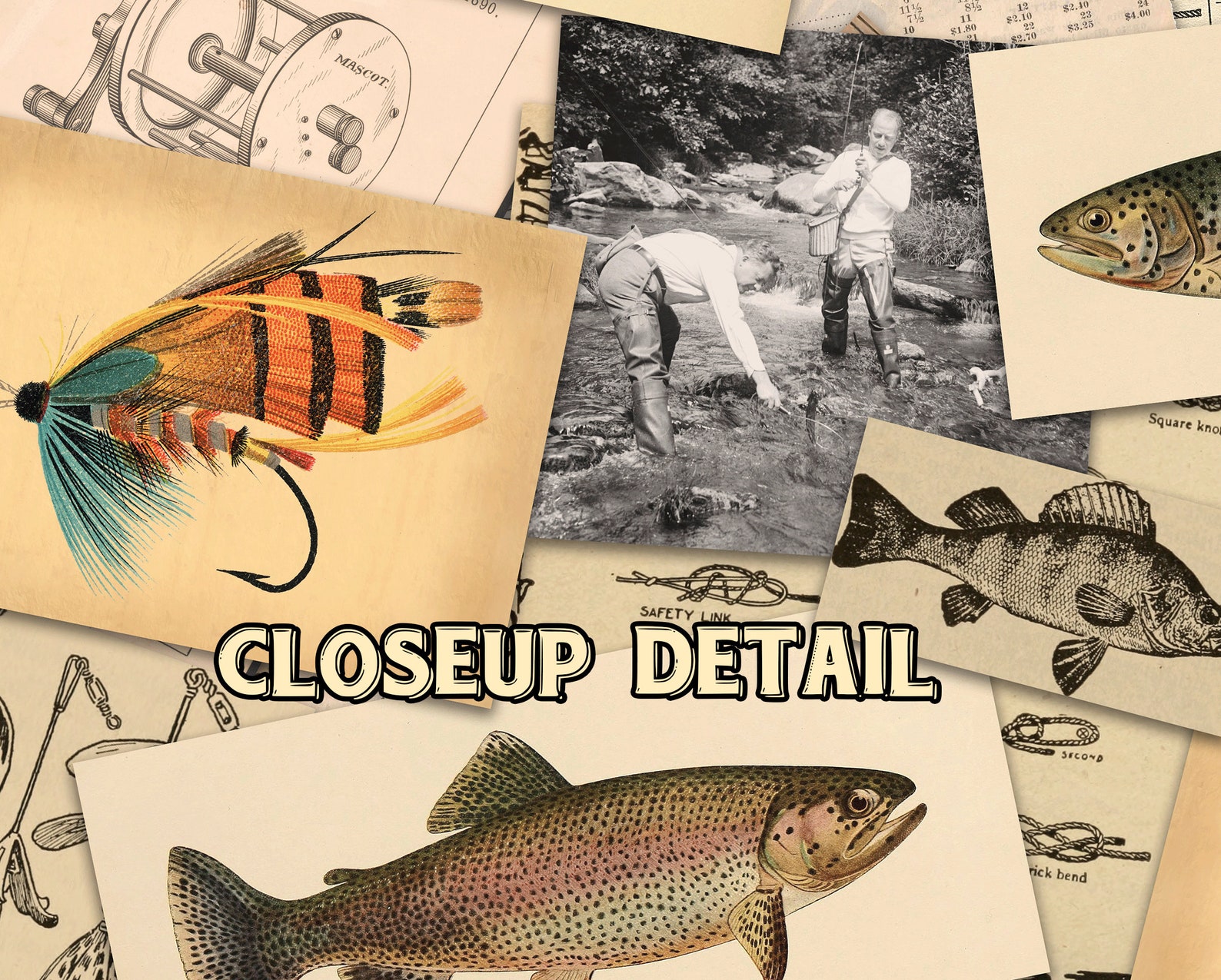 Vintage Fishing Digital Paper / Scrapbook Wallpapers / Fishing Ephemera ...