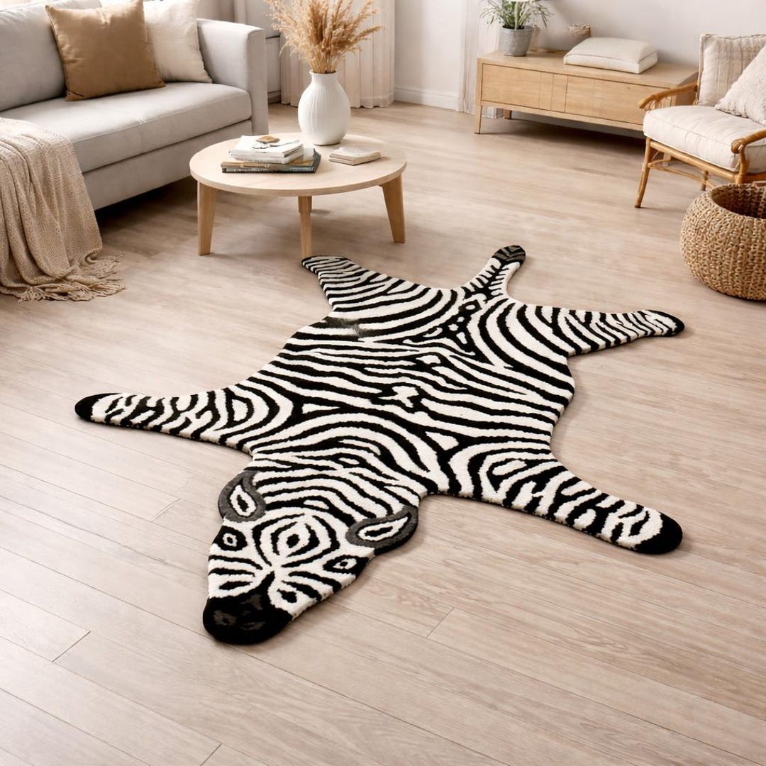 Zebra Shape Handmade Tufted Rug, Animal Print Safari Area Rug, Black ...