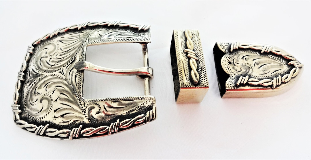 Barbed Wire 3 Piece Belt Buckle Set Keeper Loop & Tip Antiqued Silver ...