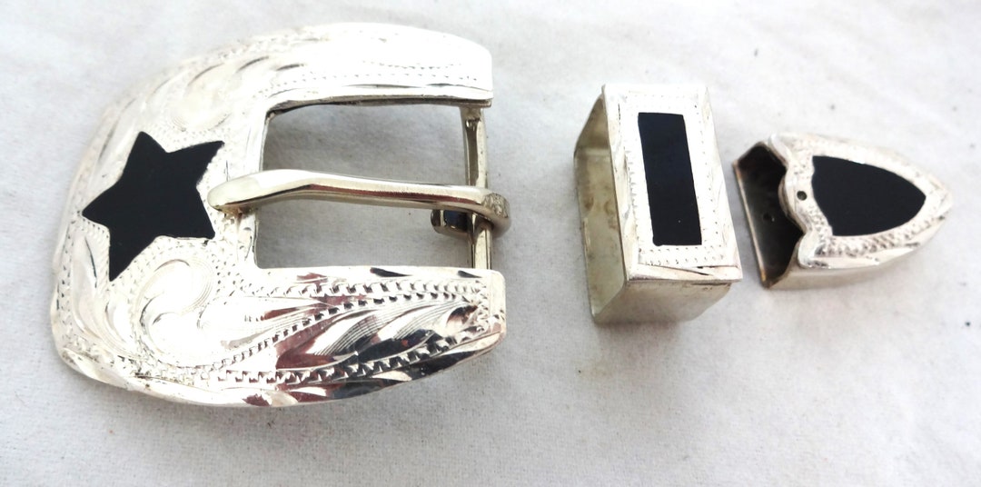 Black Star 3 Piece Set Buckle Keeper Loop & Tip Silver Overlay Hansen ...