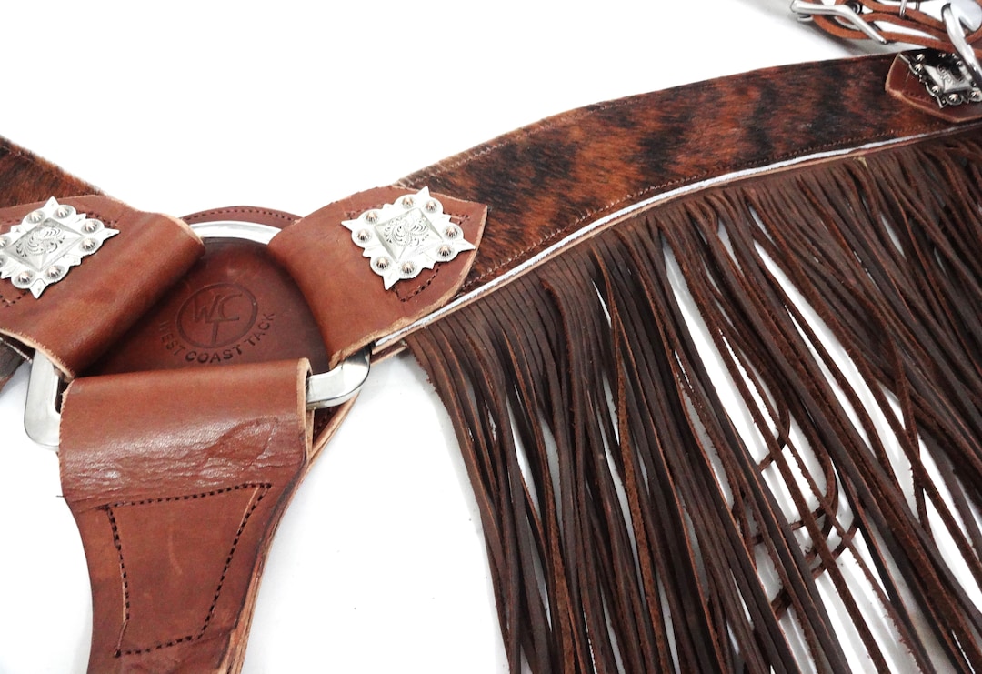 Roper Breast Collar Brown Brindle Hair on Cowhide Fringe Leather West ...
