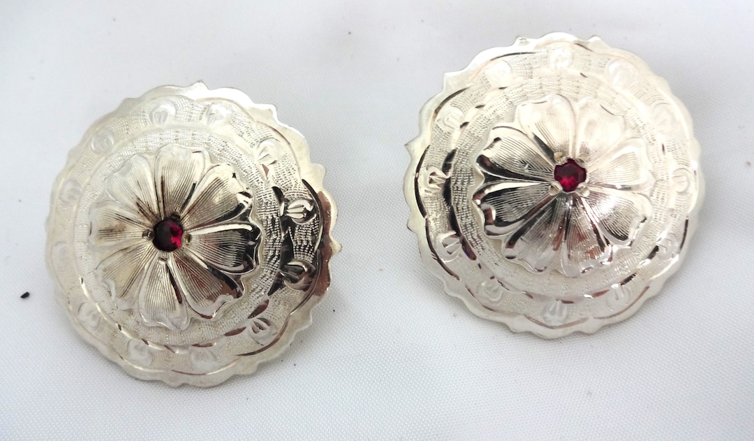 Pair Tahoe Red Stone Hansen Western Gear Bridle Loop Back Conchos ...