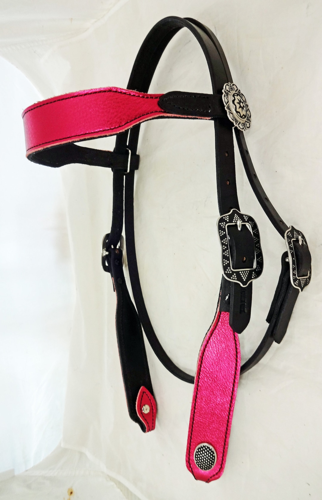 Hot Pink Metallic Leather Headstall West Coast Tack Black Hermann Oak ...