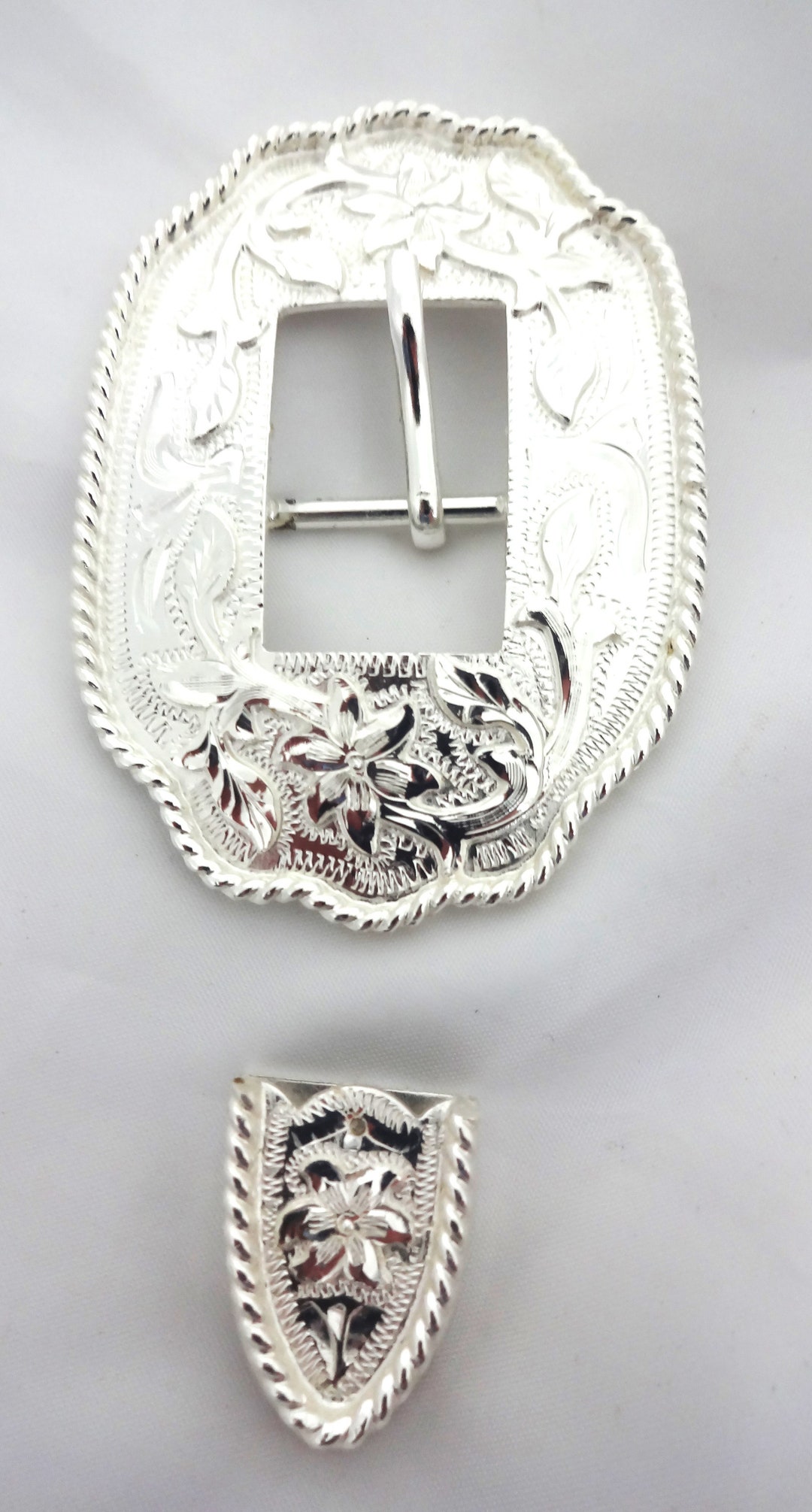 Rope Edge 2 Piece Buckle Set Engraved Sterling Silver Plate Horse Tack ...