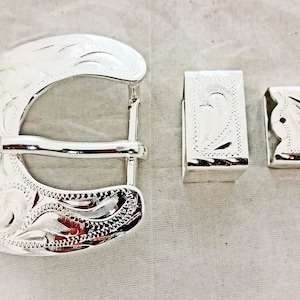 Oklahoma San Diego Hansen Western Gear Engraved Silver Plate Buckle 3 Piece Set Horse Tack Headstall Belt Hardware
