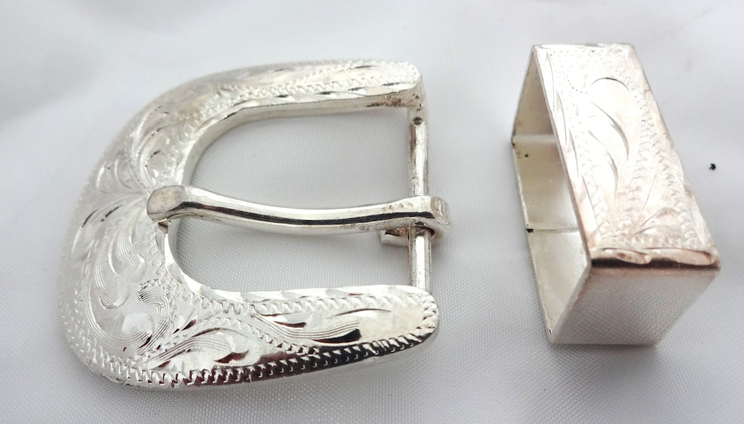 2 Piece Belt Buckle & Keeper Loop Engraved Silver Plate Hansen Western ...