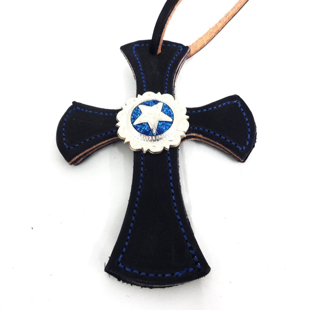 Saddle Cross Navy Blue Harness Leather Pico Star Silver Inlay Concho ...