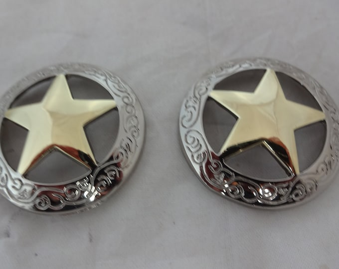 Pair Texas Star Chicago Screw Back Conchos Engraved Nickel Horse Tack ...