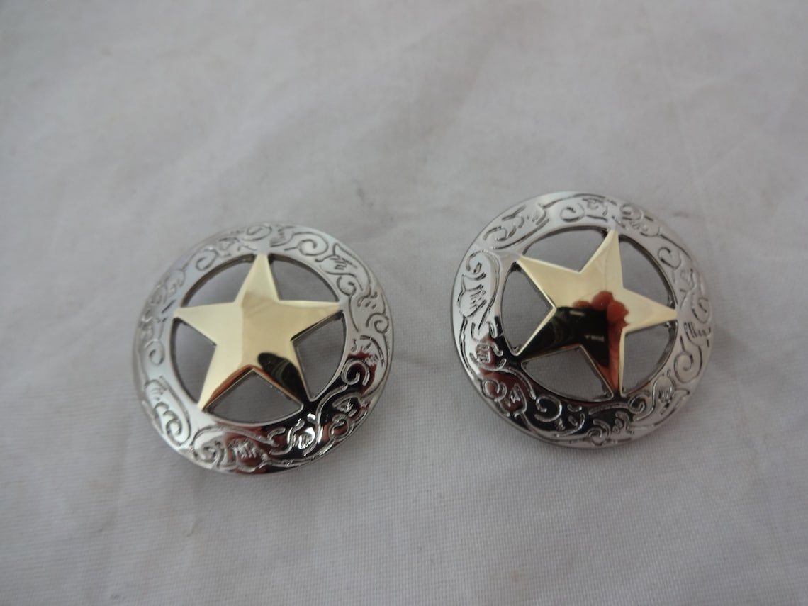 Pair Texas Star Chicago Screw Back Conchos Engraved Nickel Horse Tack ...