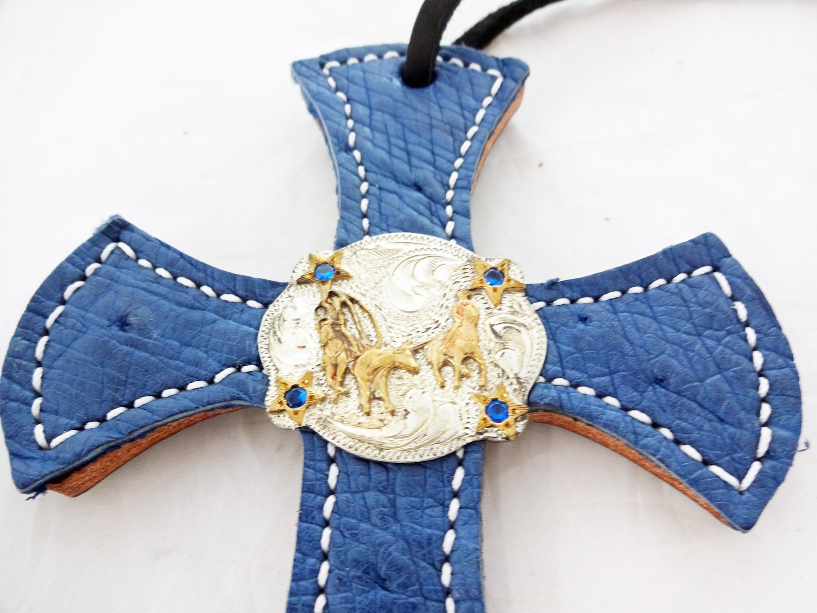 Saddle Cross Denim Blue Ostrich Leather Team Roper Sterling Silver ...
