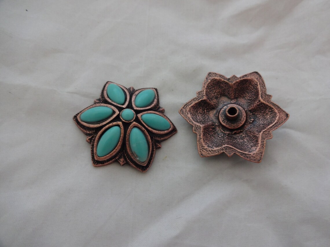 New Pair Antiqued Copper Flower Conchos Floral Turquoise 1 - Etsy