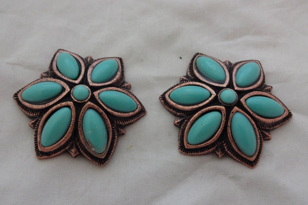 New Pair Antiqued Copper Flower Conchos Floral Turquoise 1 3/4" Western ...