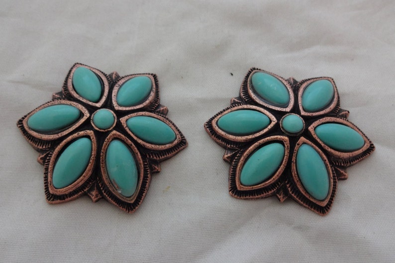 New Pair Antiqued Copper Flower Conchos Floral Turquoise 1 - Etsy