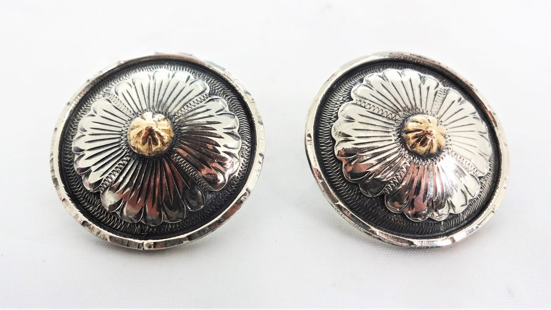 Pair Antiqued Sunflower Conchos Bridle Loop Back Silver Plate Horse ...