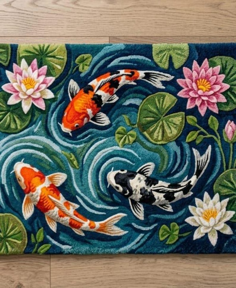 Hand Tufted Wool Koi Fish Rug, Japanese Pond Lotus Runner, Custom Boho ...