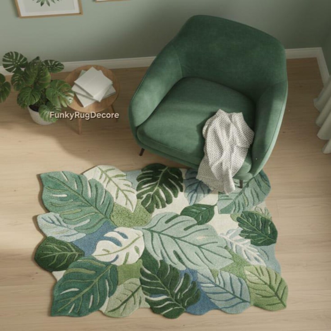 Monstera Leaf Hand Tufted Wool Rug, Tropical Modern Green Area Carpet ...