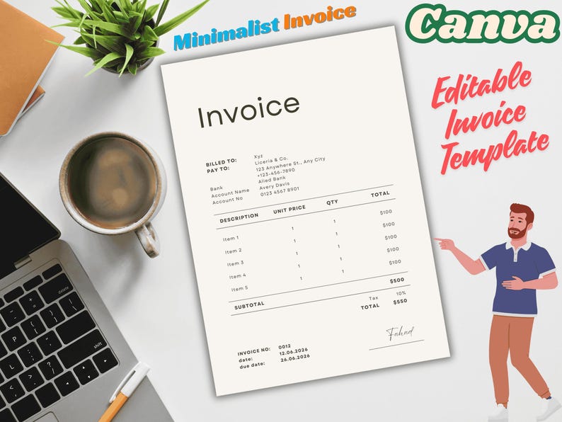 Modèle de facture minimaliste Canva Edit. Modèle de facture modifiable ...