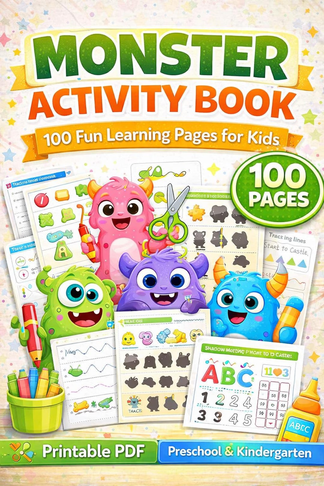 Monster Activity Book for Kids Printable PDF 100 Pages Preschool ...