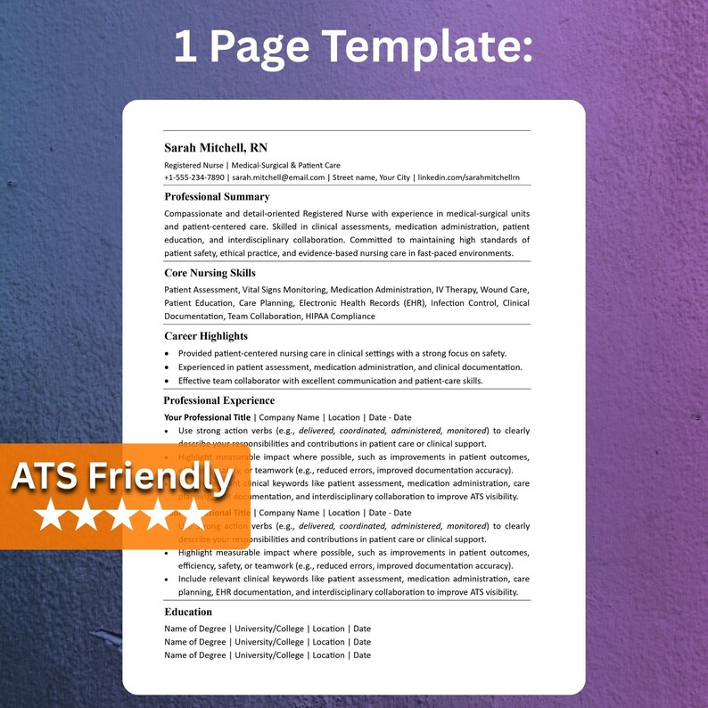 Ats-friendly Nursing Resume Template | Cover Letter, References (word ...