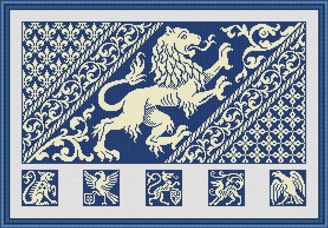 Antique Medieval Heraldic Lion Rampant Small Heraldic Samplers - Etsy