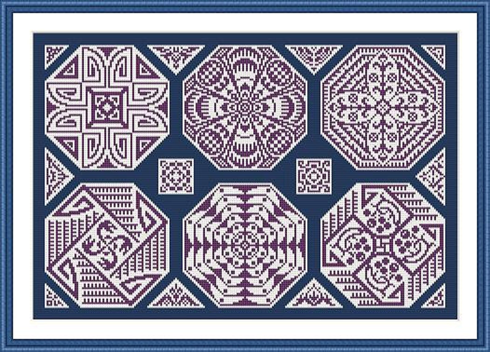 Antique Hexagon Tiles Sampler Monochrome Set Counted Cross Stitch/filet ...